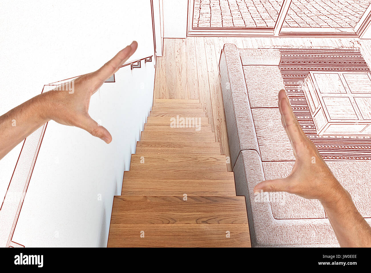 Drawing and planned Hardwood stairs and ramp in modern renovated living ...