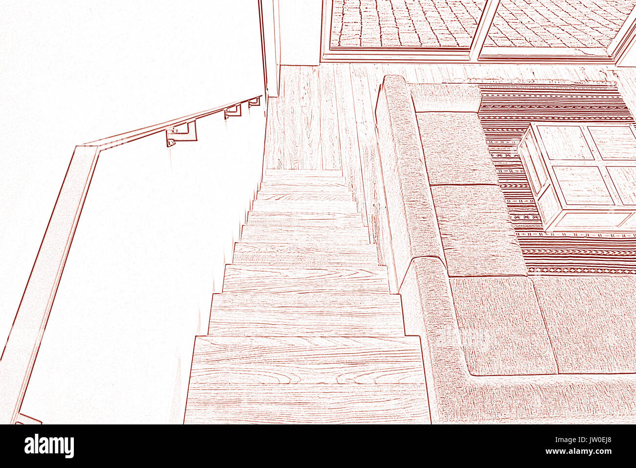 Drawing and planned Hardwood stairs and ramp in modern renovated living ...