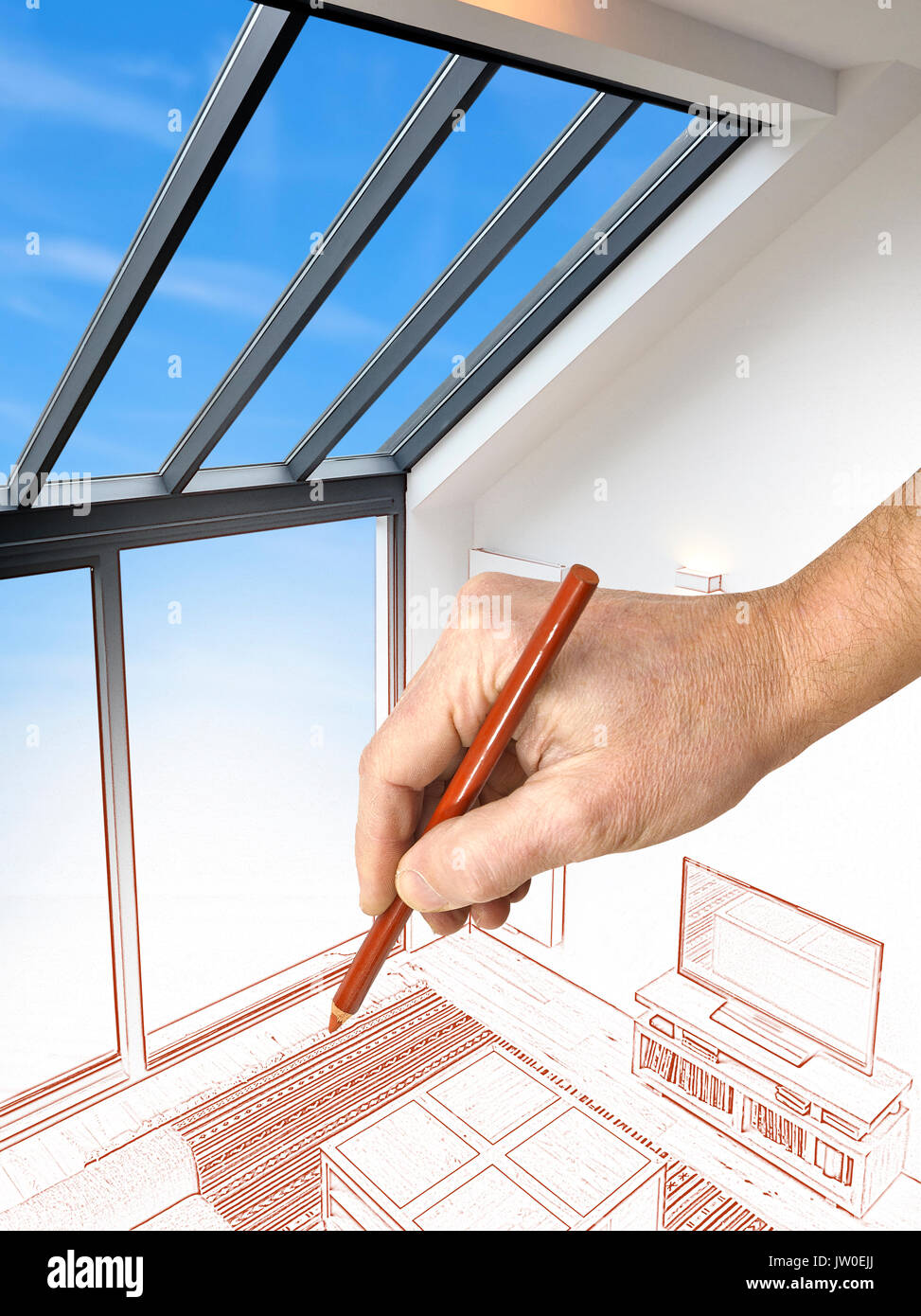 Drawing and planned Modern living room with large windows. View from ...