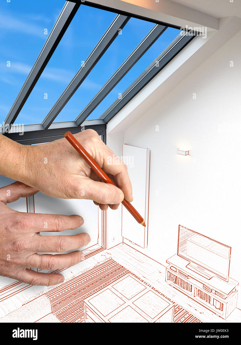 Drawing and planned Modern living room with large windows. View from ...