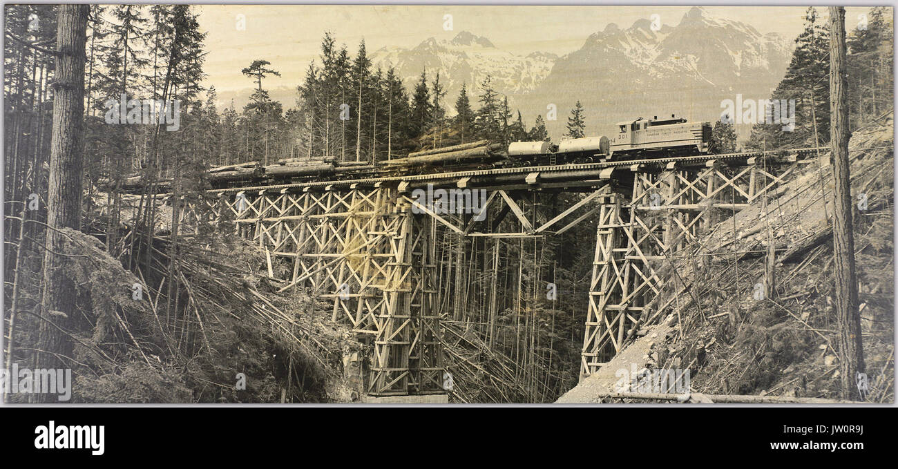 View of train crossing trestle bridge Stock Photo - Alamy