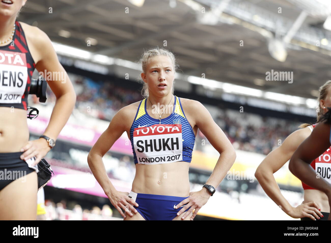 Ukraine's Alina Shukh after the 100m element of the Women's Heptathlon ...
