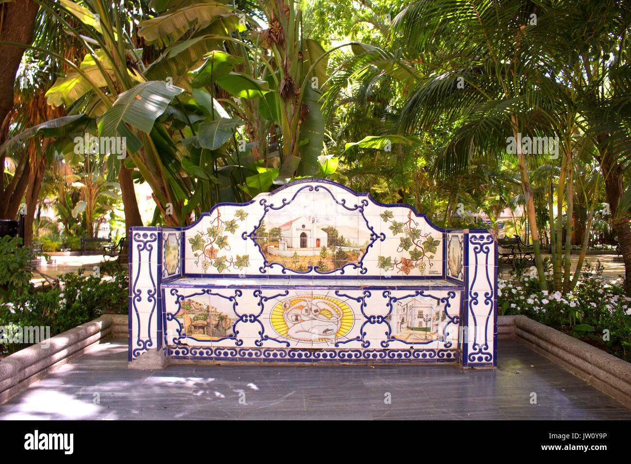 Bench. Popular bench in the park, Marbella city. Costa del Sol ...