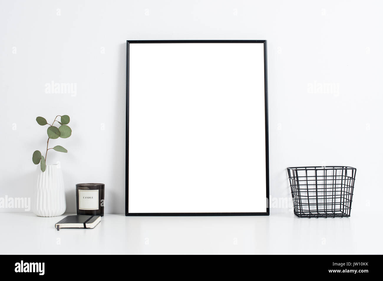white office interior, stylish work table space with poster artw Stock ...