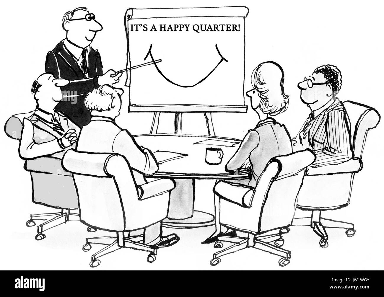 Business cartoon illustration about a happy quarter Stock Photo - Alamy