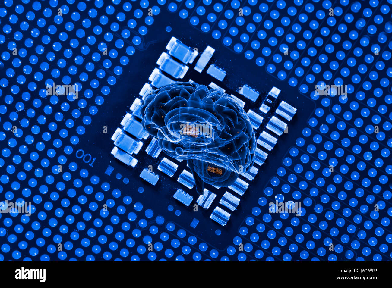 schematic of human brain, micro-chip and communication, artificial ...
