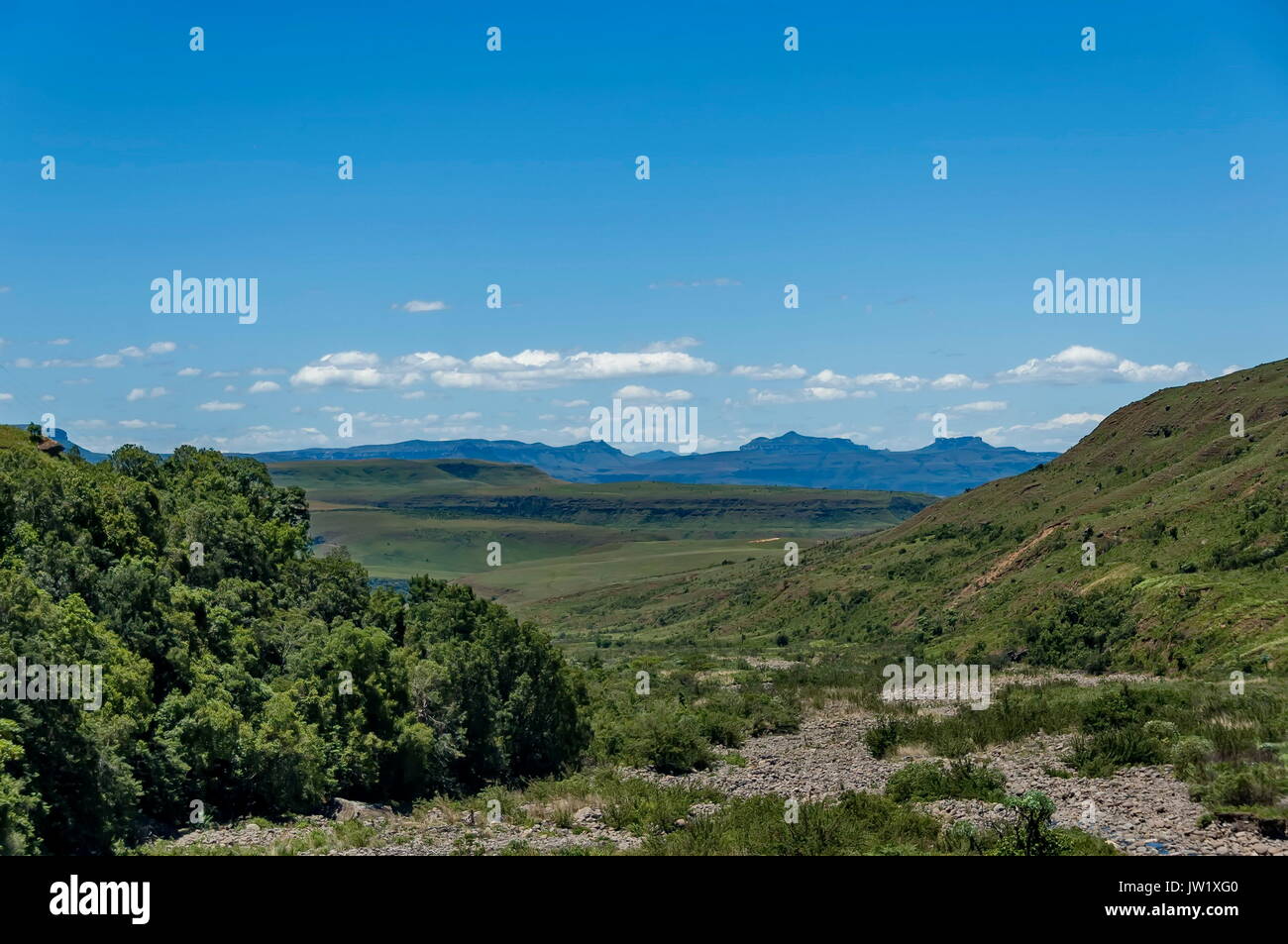 Dry course of one river from Thukela waterfall in Drakensberg mountain ...
