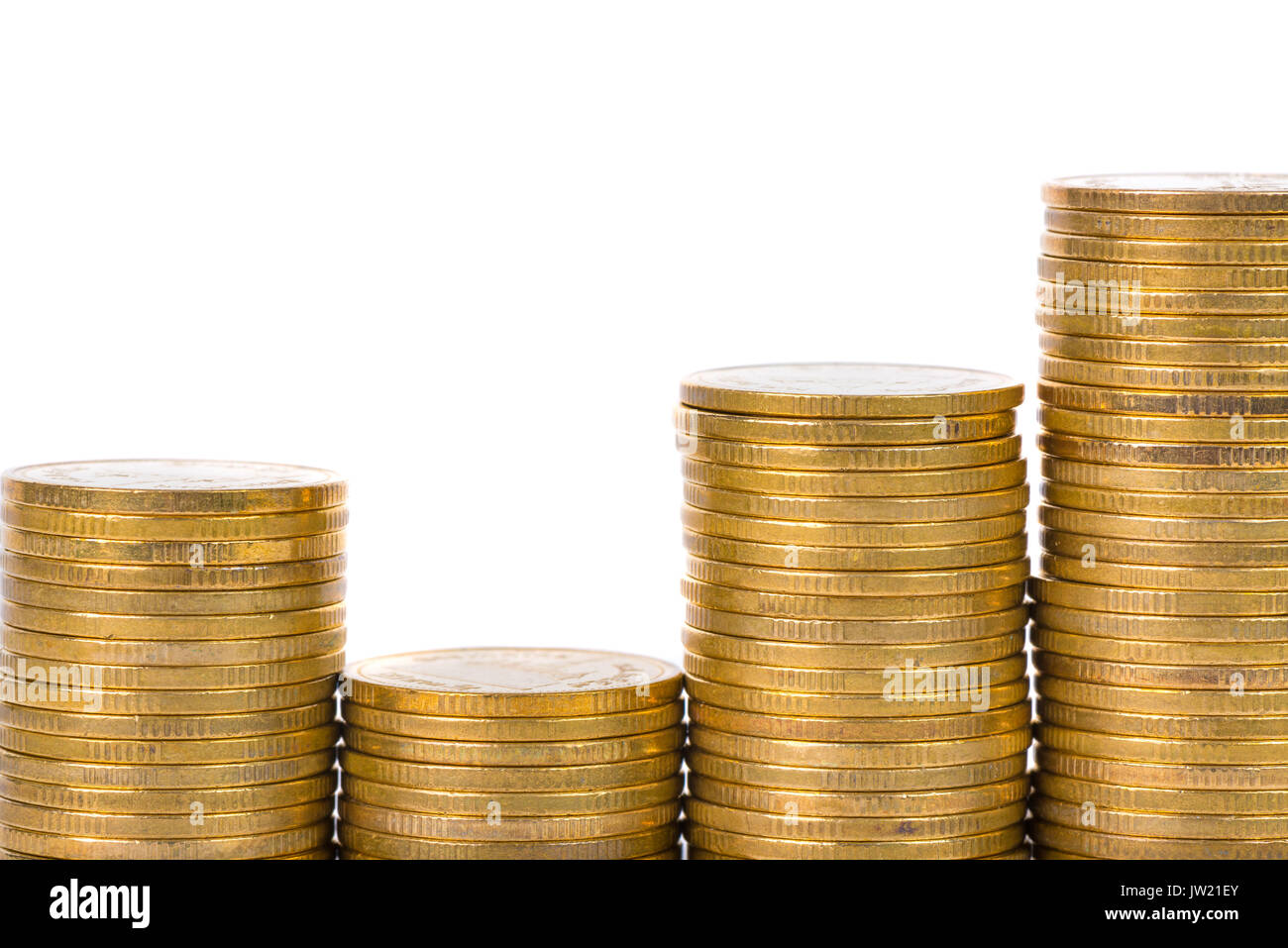 Columns of gold coins, piles of coins arranged on white background ...