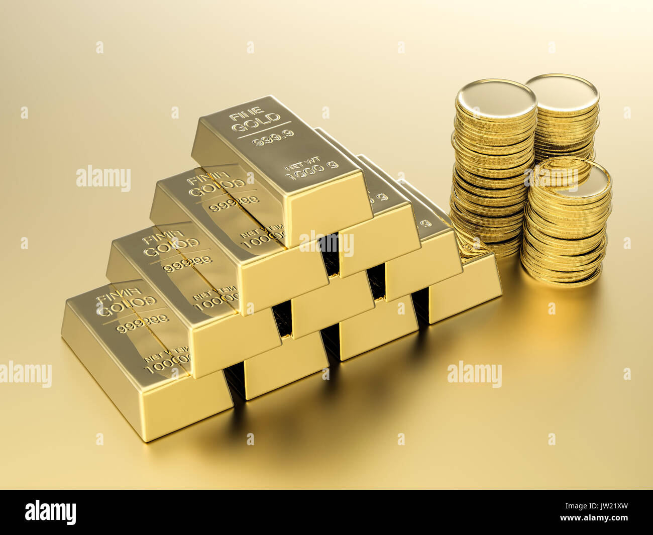 stack of gold coins and bullions on gold background Stock Photo - Alamy