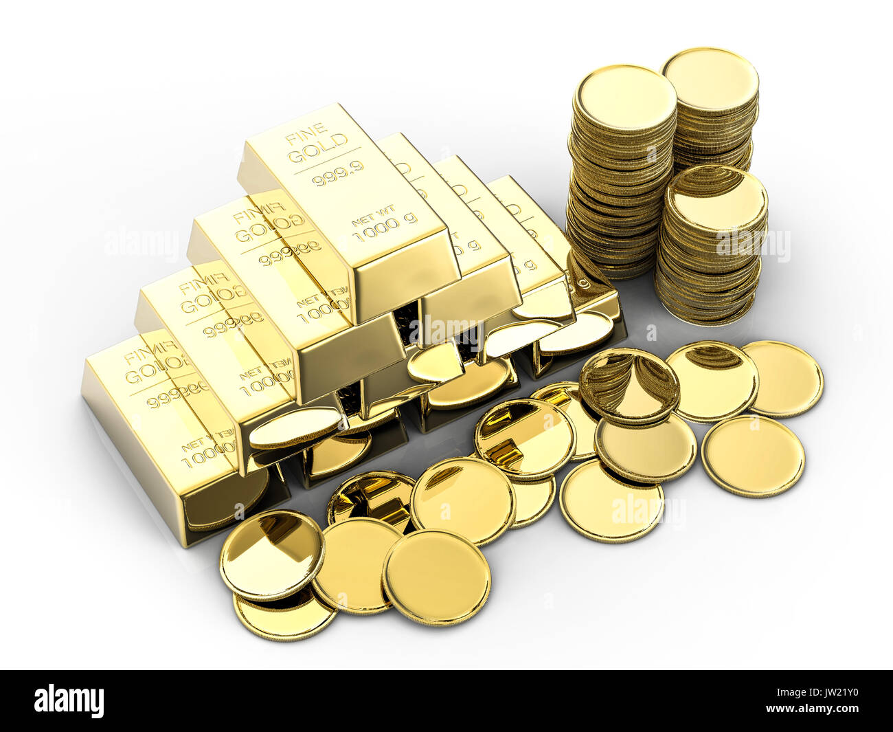 stack of gold coins and bullions on white background Stock Photo - Alamy