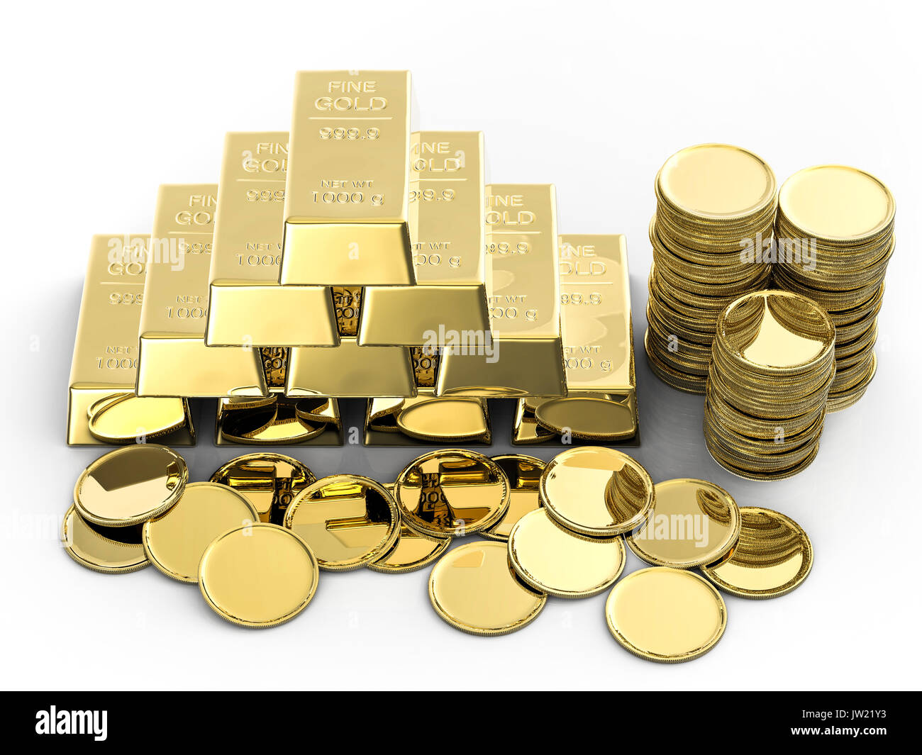 stack of gold coins and bullions on white background Stock Photo - Alamy