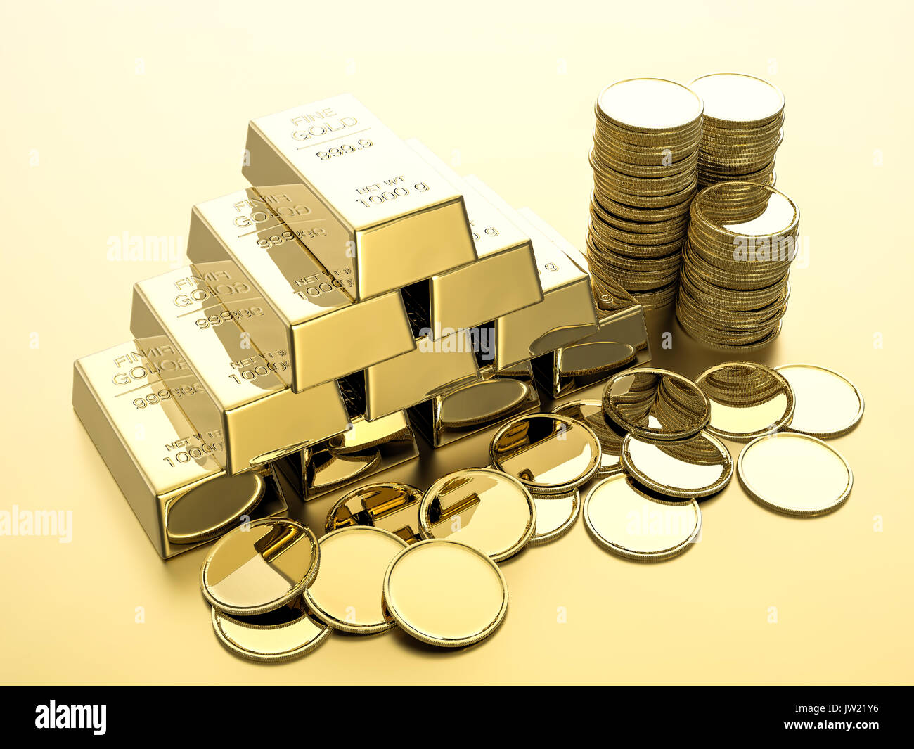 stack of gold coins and bullions on gold background Stock Photo - Alamy