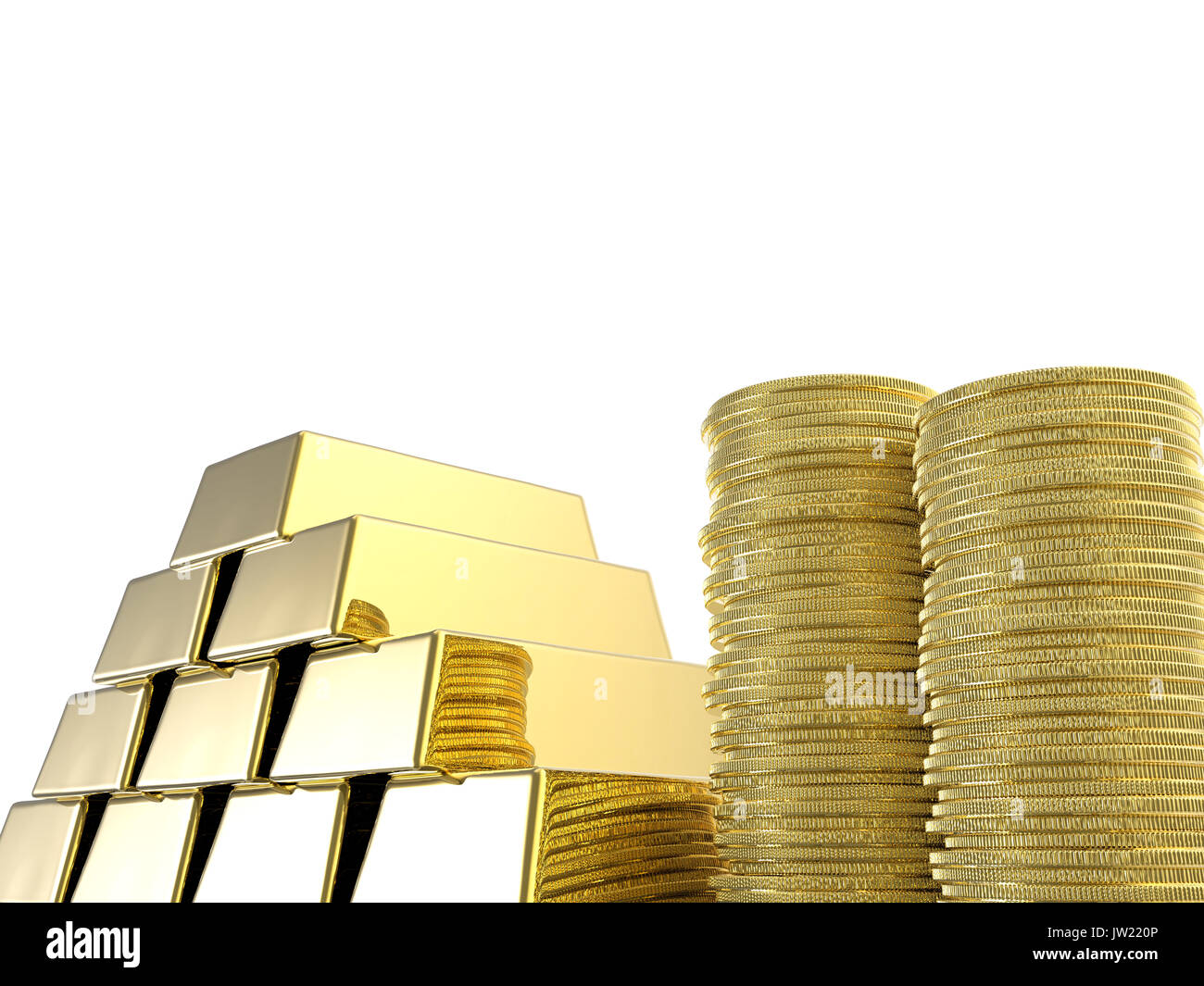 stack of gold coins and bullions on white background Stock Photo - Alamy