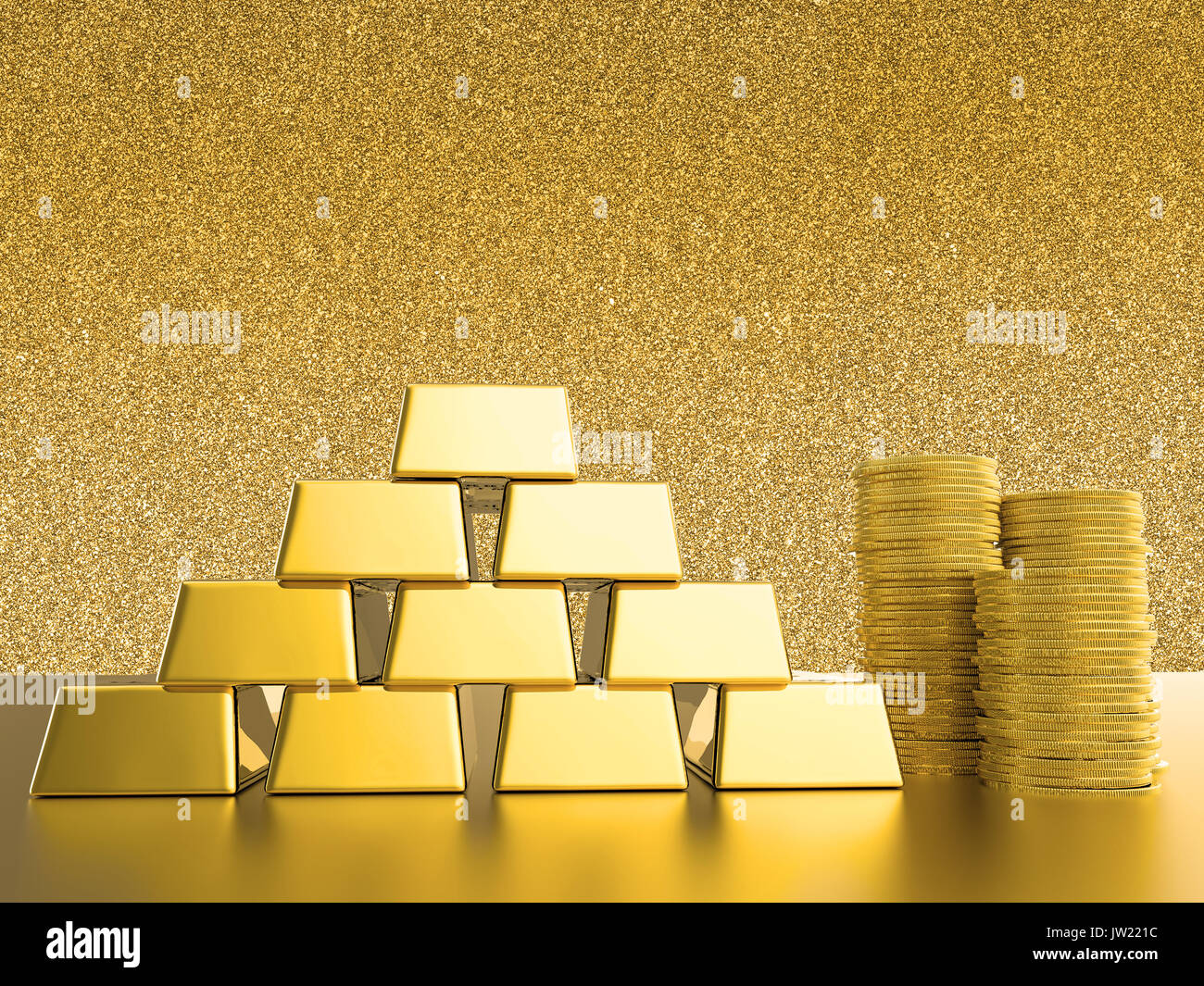 stack of gold coins and bullions on gold background Stock Photo - Alamy