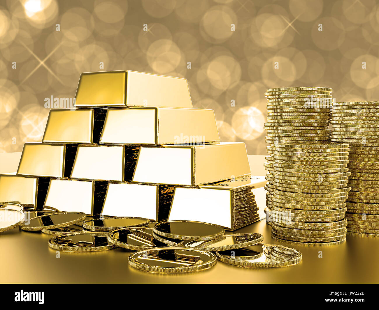 stack of gold coins and bullions on gold background Stock Photo - Alamy
