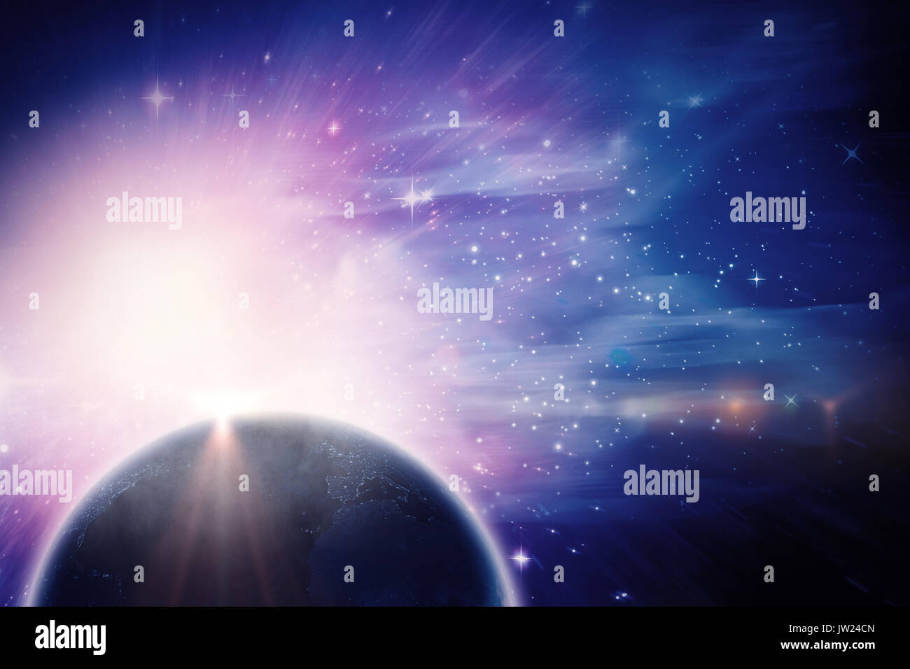 Earth with shadow over white background against splashing of blue color ...