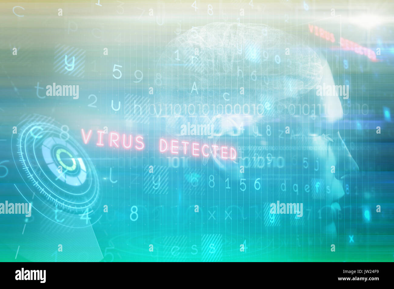 Digitally image of brain interface against turquoise abstract ...