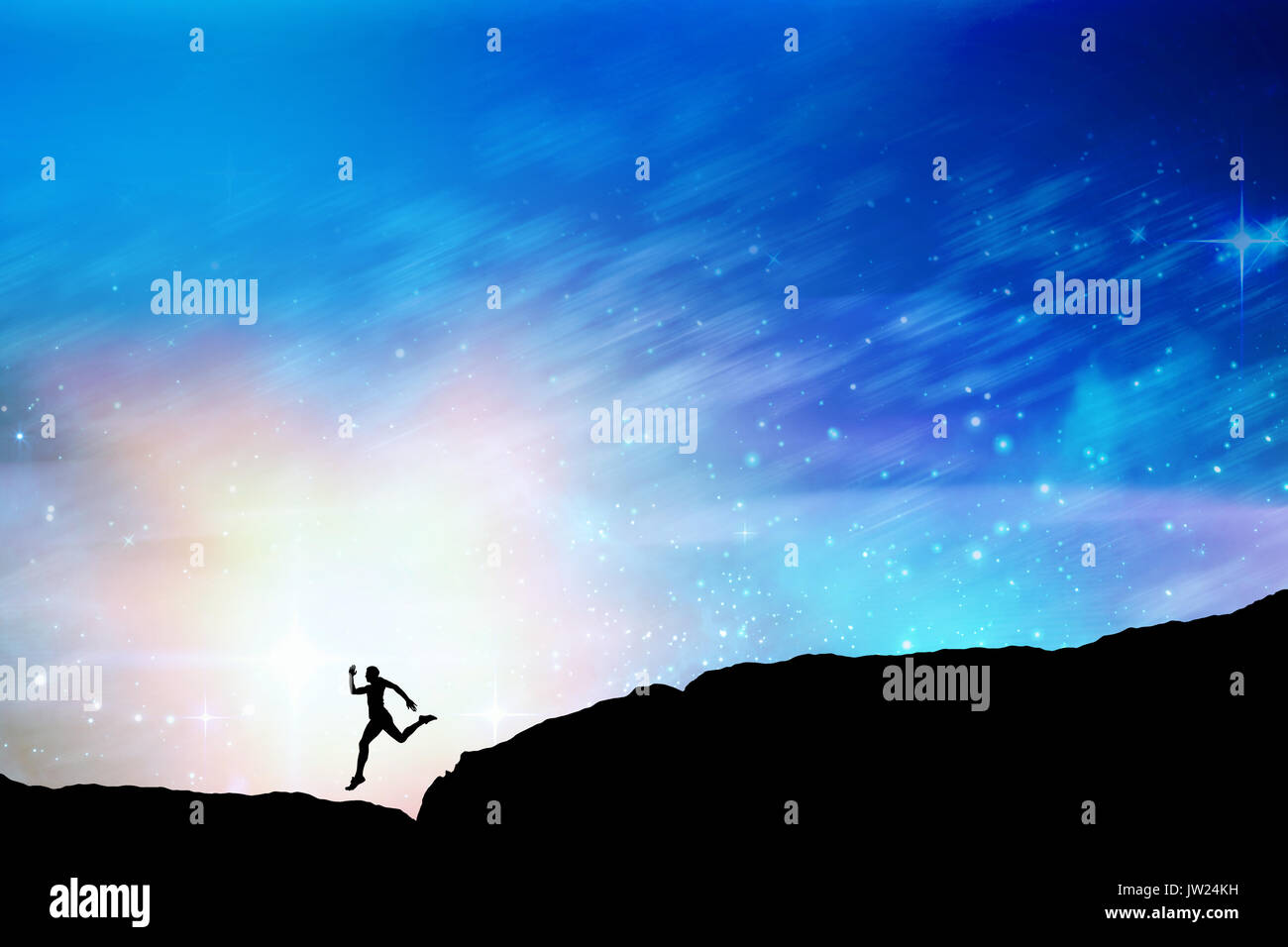 Male athlete running on white background against aurora night sky in ...