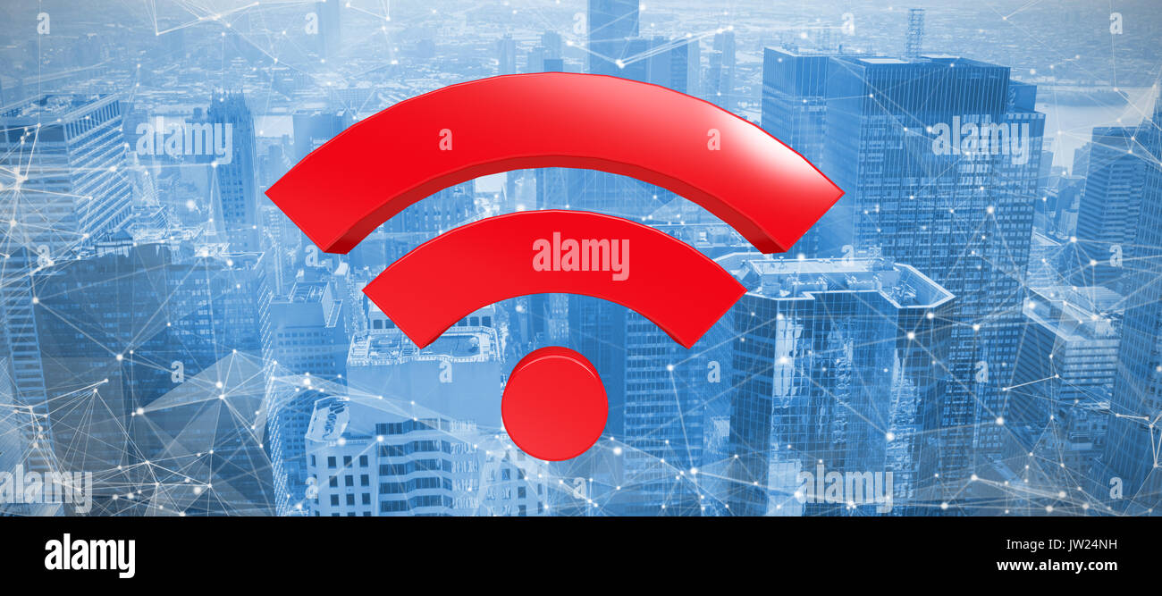 Red wifi symbol against image of a city landscape Stock Photo - Alamy