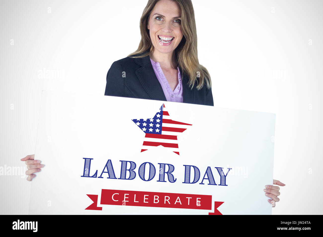 Beautiful businesswoman holding blank billboard over white background ...