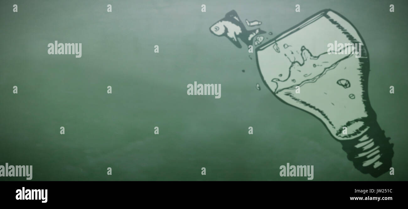 Fish jumping out of light bulb bowl against green chalkboard Stock ...