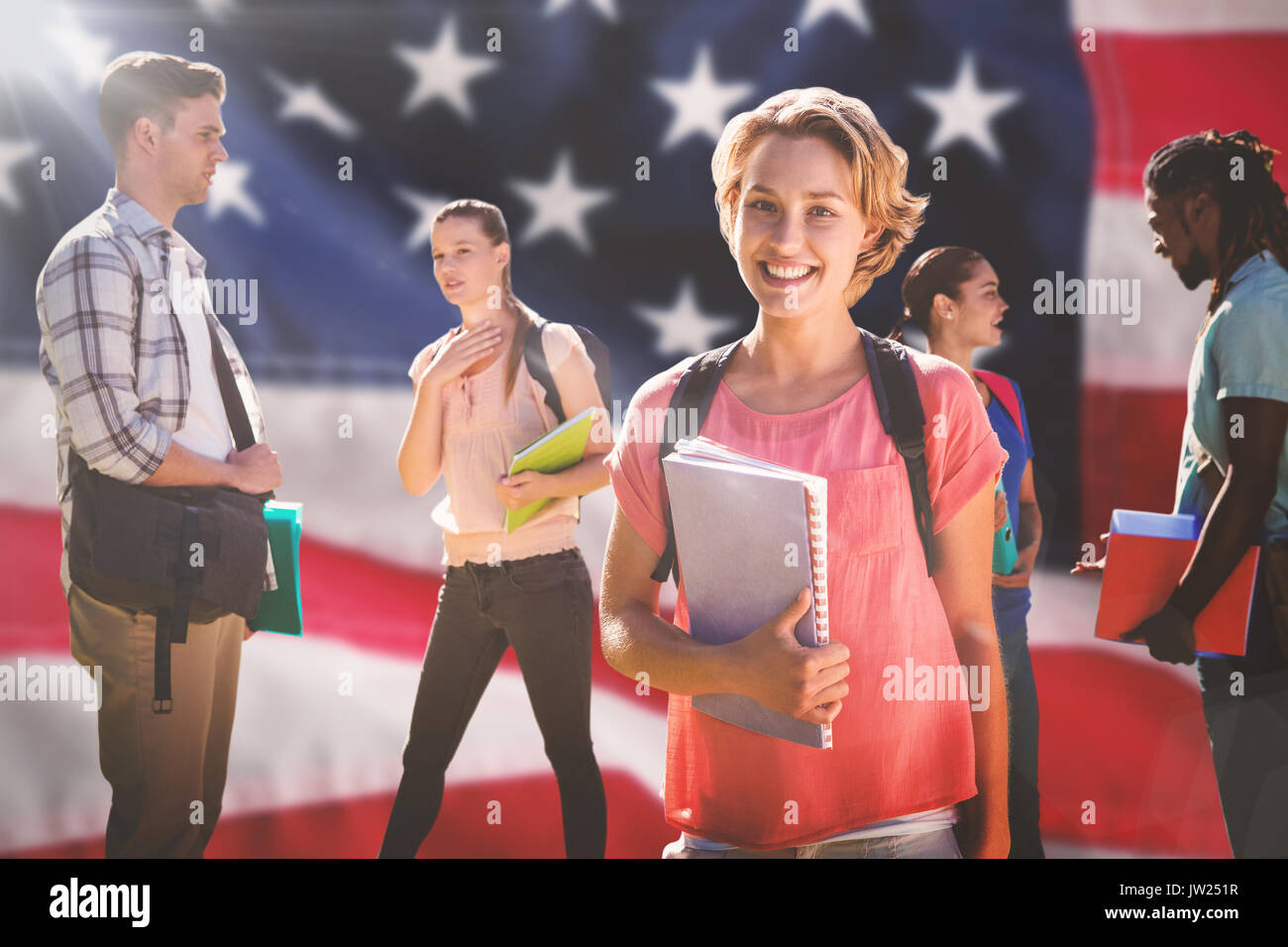Happy students outside on campus against close-up of red and white ...