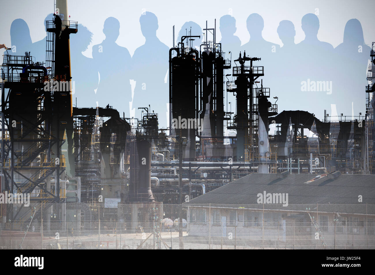 Business people on white background against image of factory Stock ...