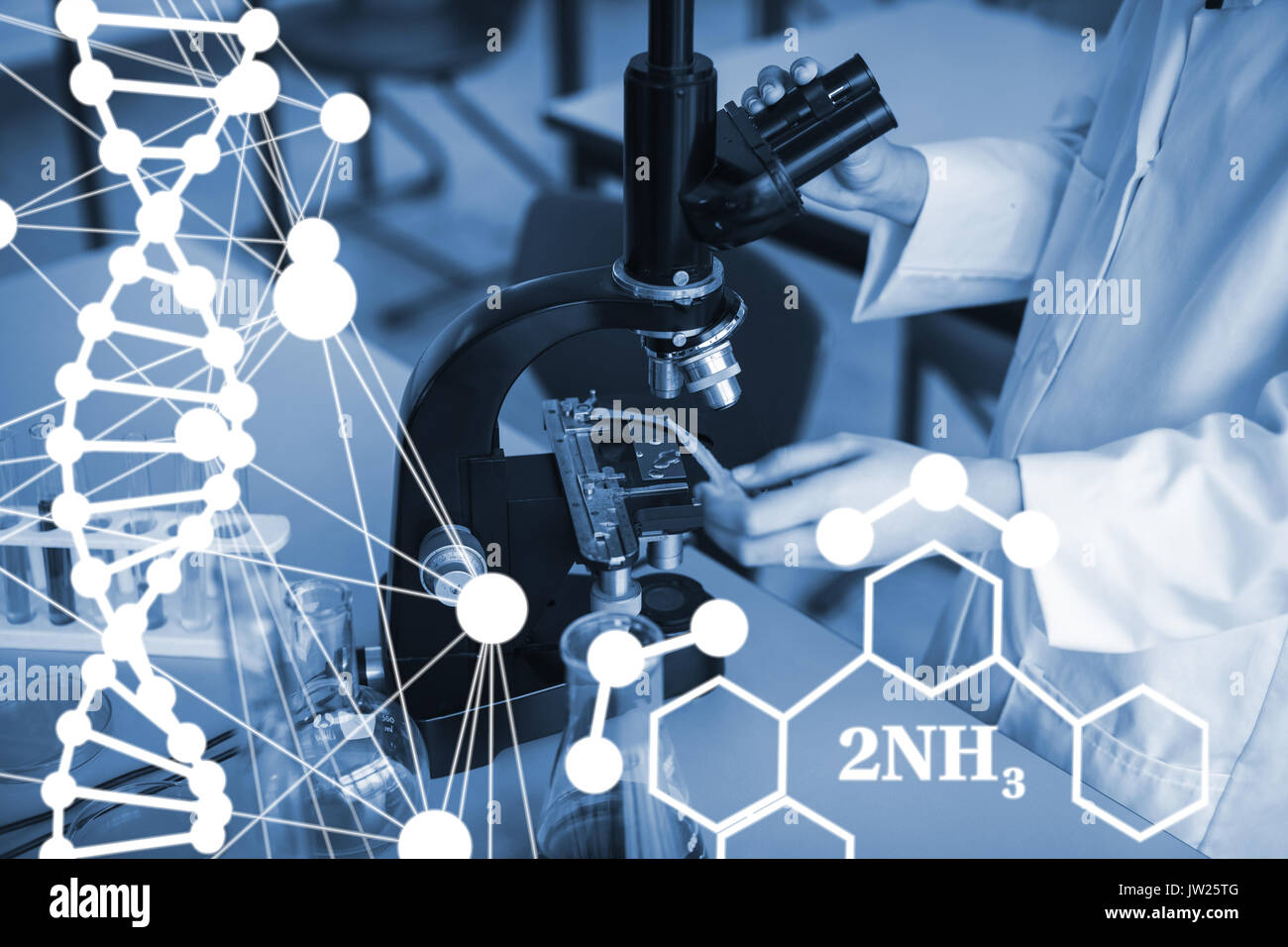DNA helix structure against white background against mid section of ...