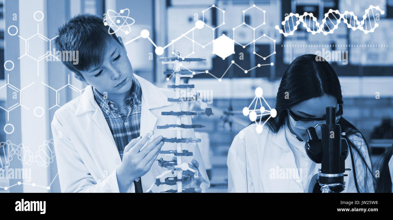 Illustration of chemical structure against school kids experimenting ...