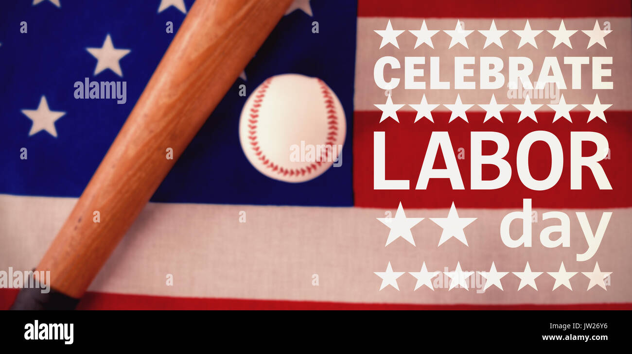 Poster of celebrate labor day text against baseball bat and ball on ...