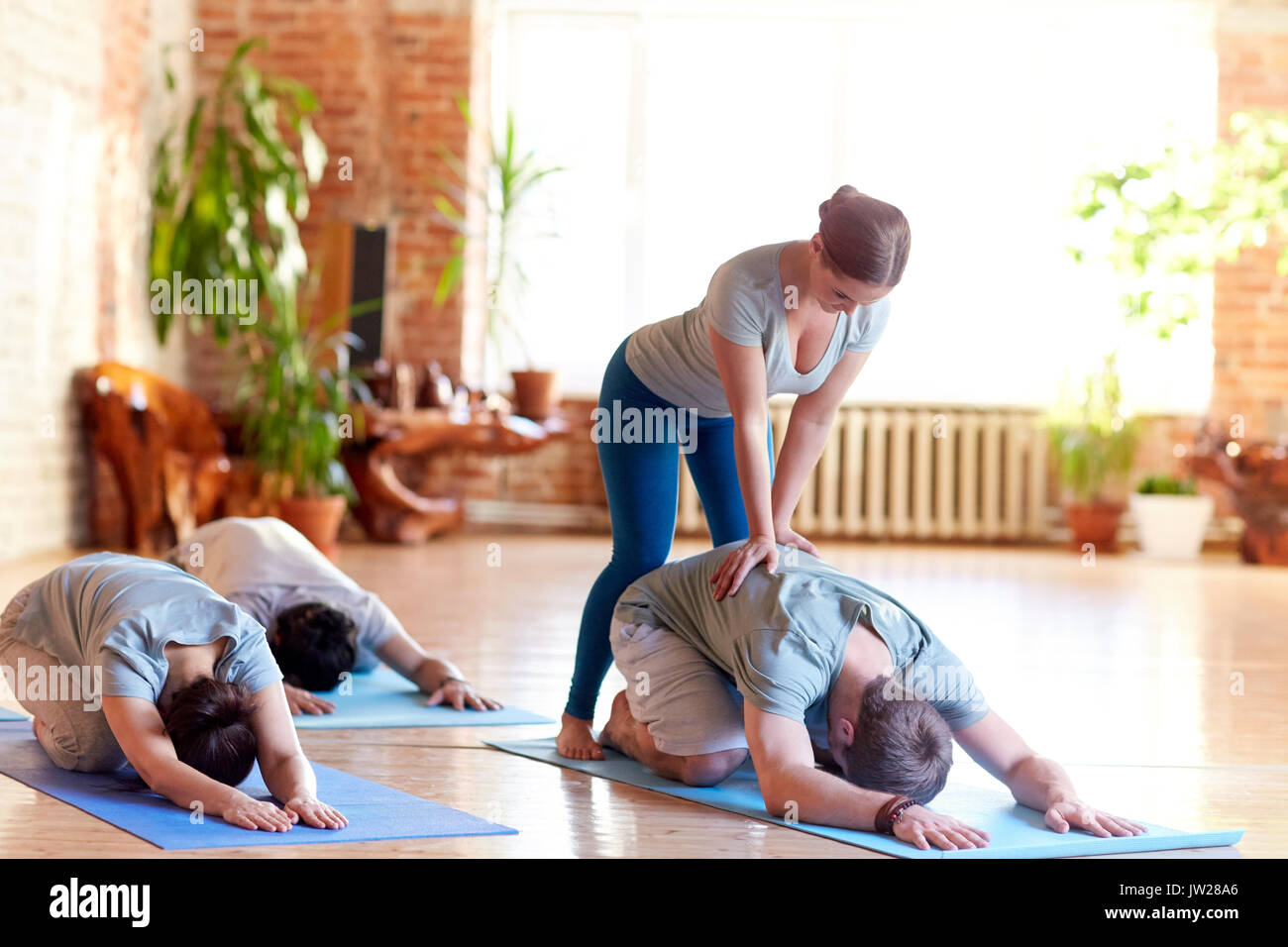group of people doing yoga exercises at studio Stock Photo - Alamy