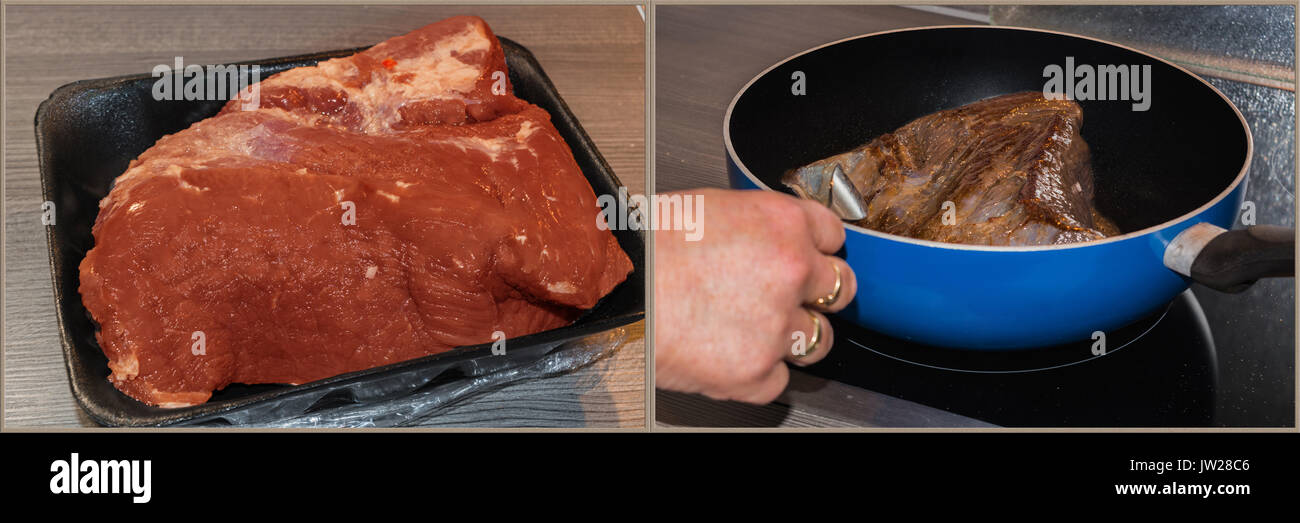 Work steps, meat preparation. On the left the raw juicy roast meat from ...