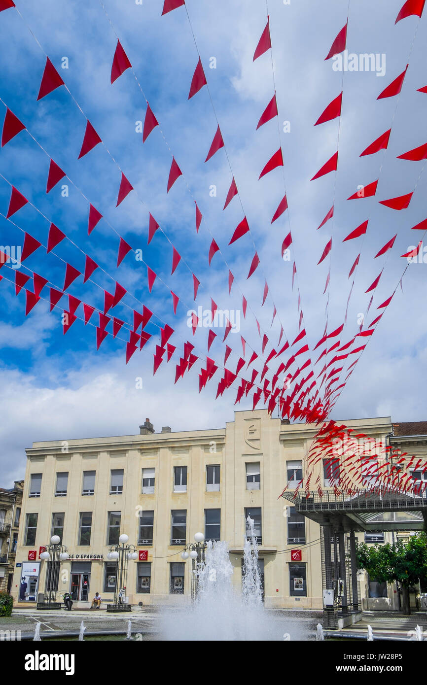 Bunting flying over Place Clémenceau, Marmande, Lot-et-Garonne, France ...