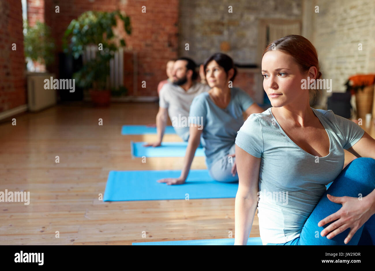 group of people doing yoga exercises at studio Stock Photo - Alamy