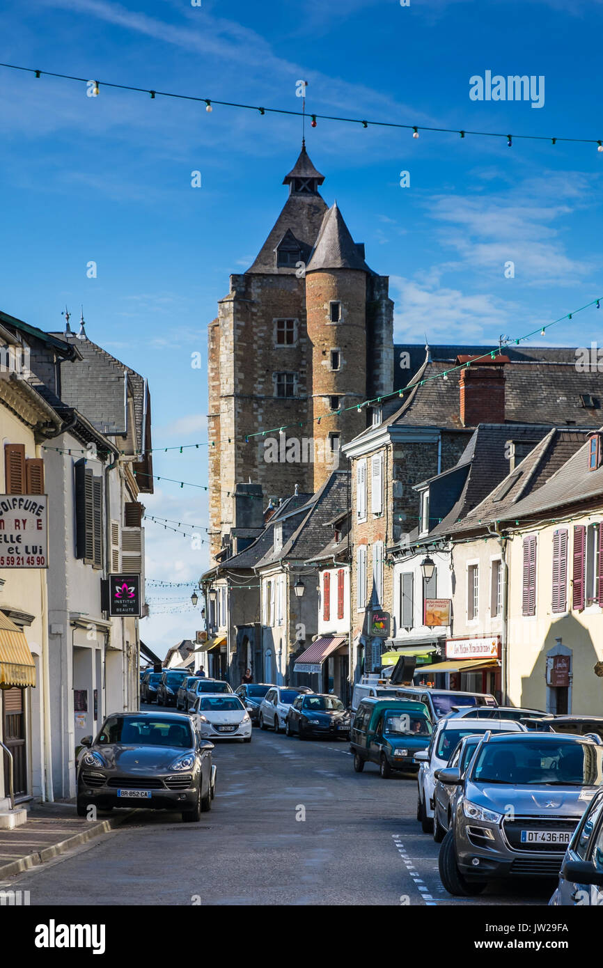 High street and church, Monein, Pyrénées-Atlantiques, France Stock ...