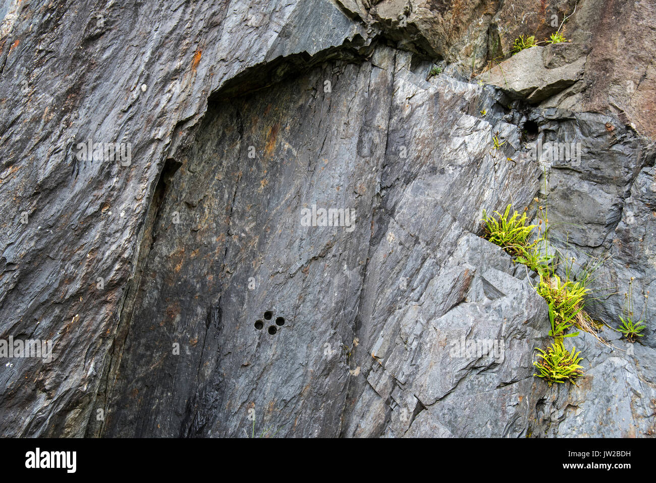 Drill holes in rock face for inserting explosives at the Ballachulish ...
