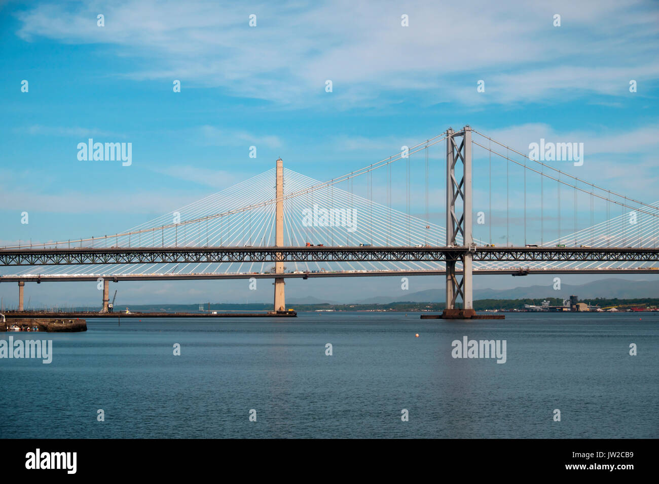 Forth Road Bridge, freeway bridge, new third bridge at back, Firth of ...