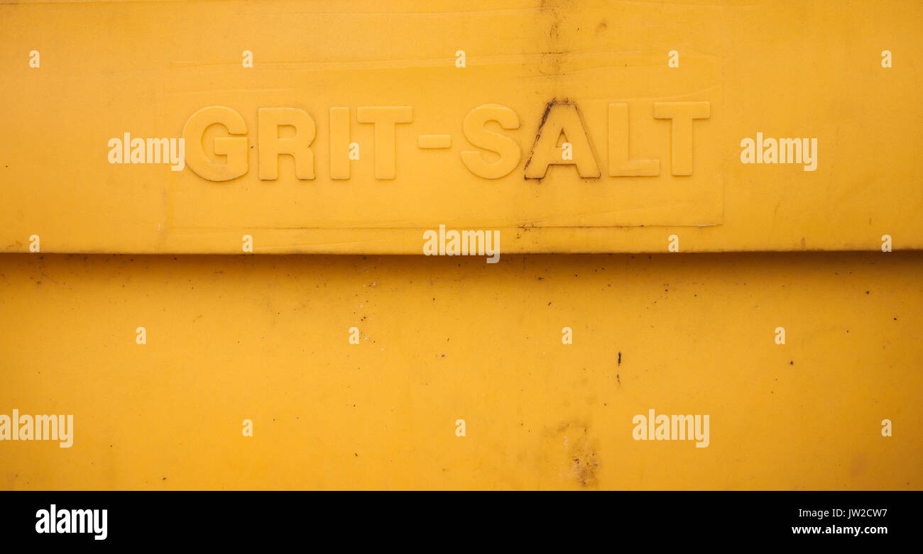 close up of yellow grit salt lettering on plastic container; UK Stock ...