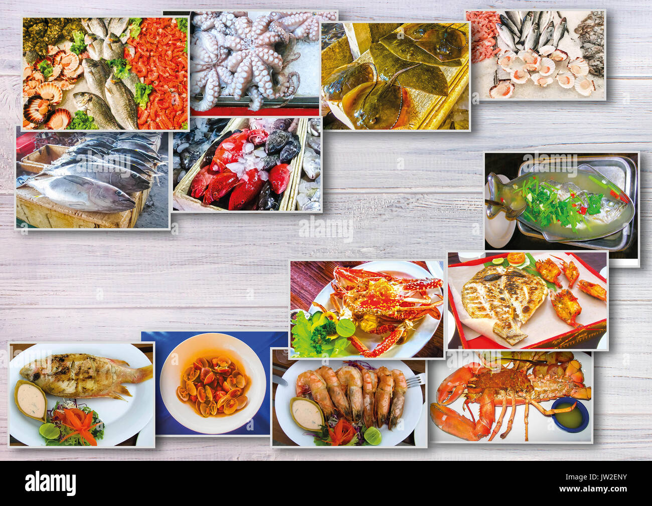 Sea food collage with raw fish and restaurant dishes Stock Photo - Alamy