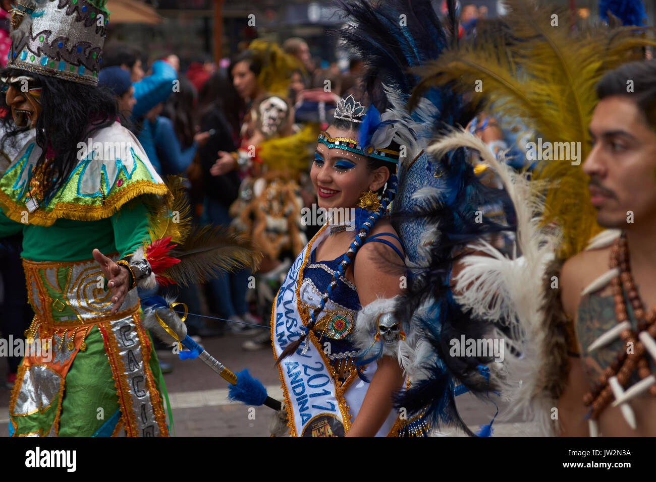 Tobas dance group parading through the centre of Santiago, Chile to ...