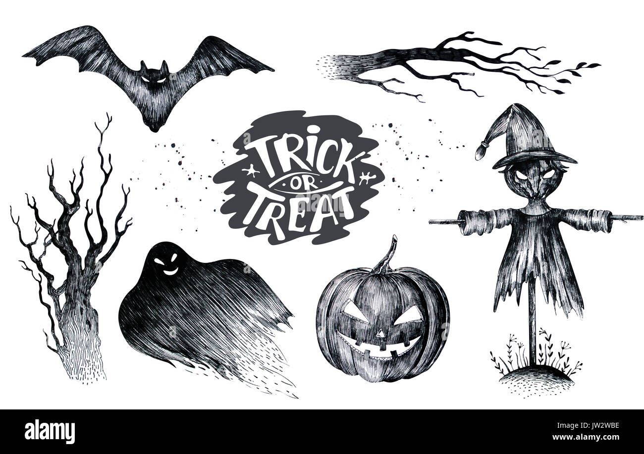 Halloween hand drawing black white graphic set icon, drawn Halloween ...