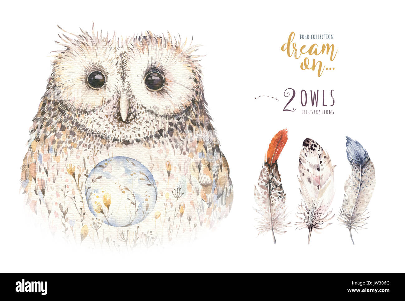 Watercolor natural birds feathers boho owl. Bohemian owls poster ...