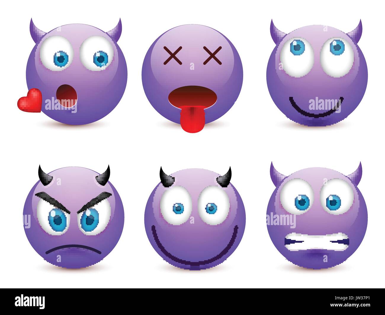Smiley with blue eyes,emoticon set. Violet face with emotions. Facial ...