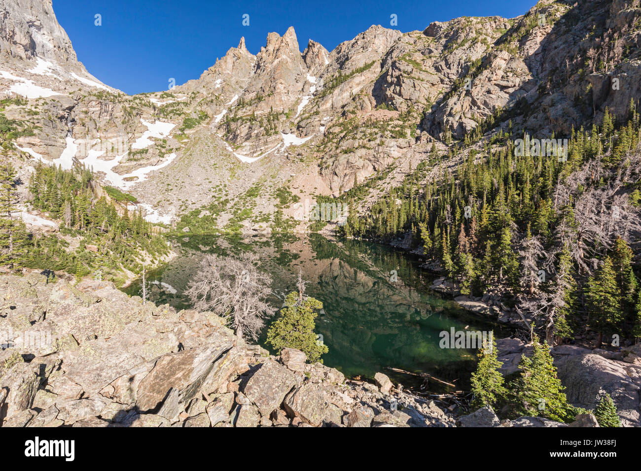 The perfectly still green waters of Emerald Lake nestled amongst the ...