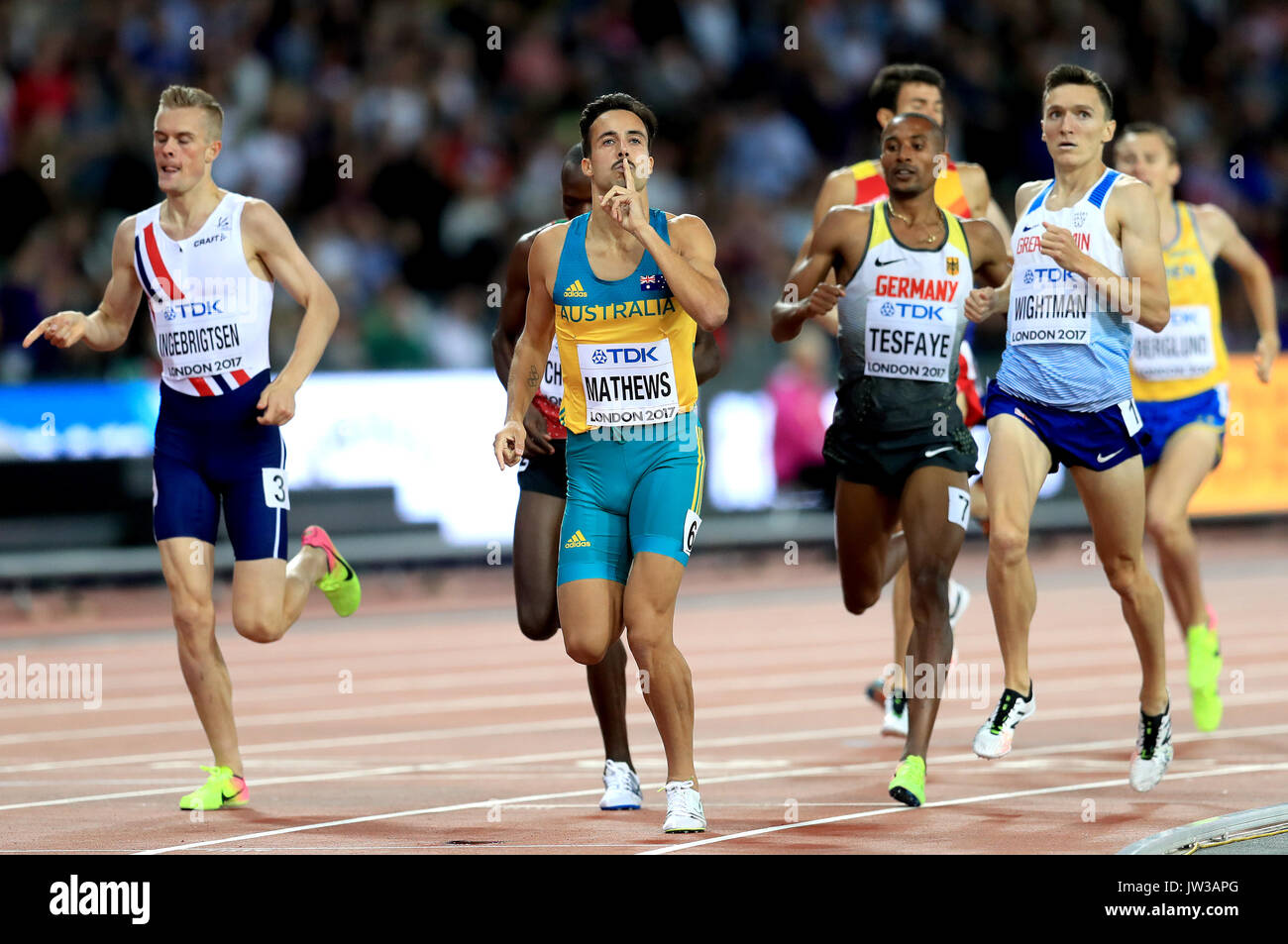 Australia's Luke Mathews (centre) puts his finger to his mouth during ...