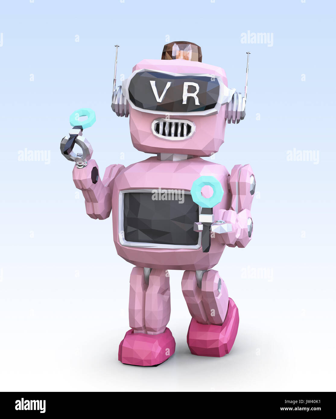 Low poly retro robot wearing VR headset on light blue background. 3D ...