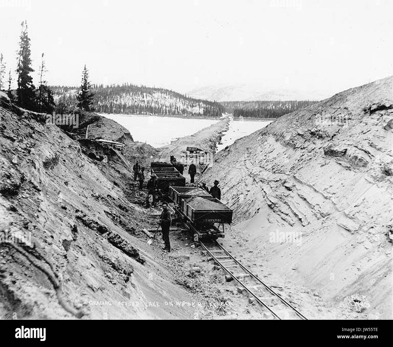 Grade construction at Lewis Lake for the White Pass & Yukon Railroad ...