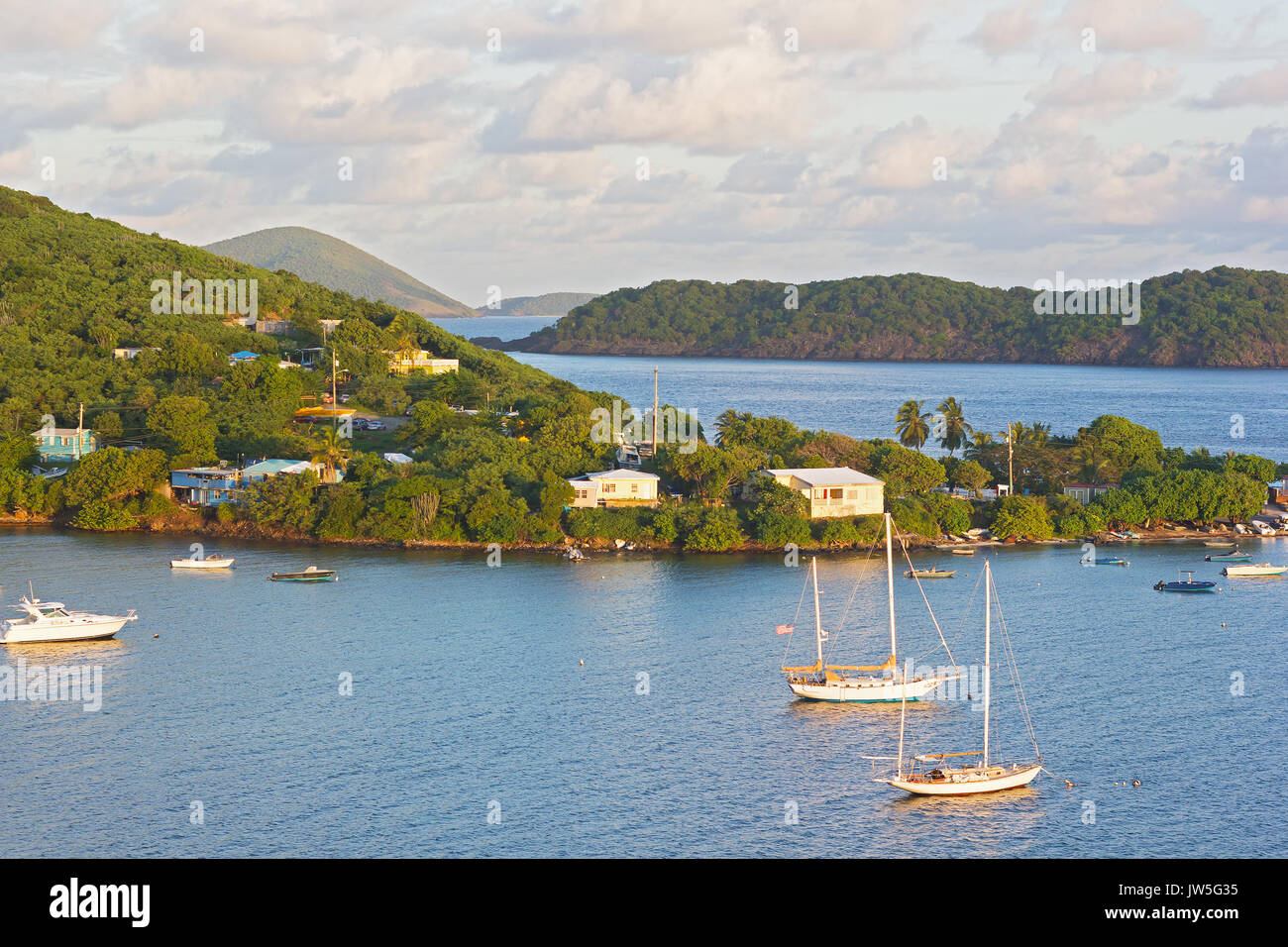 Tropical landscape of St Thomas Island near Coki Beach at sunrise, US ...
