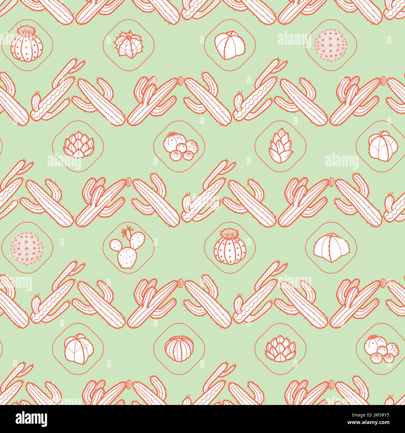 Horizontal striped of red outline cactus and succulents on pastel green ...