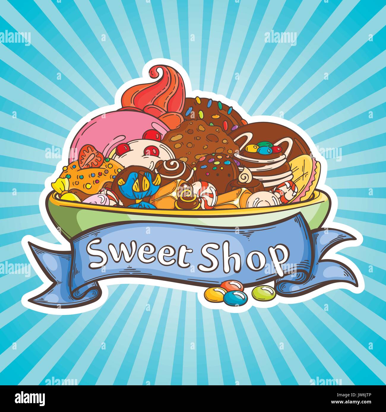Label sweet shop. Swirl candy, chocolate, lollipop, caramel, cream ...